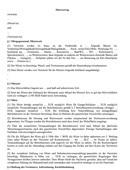 Mietvertrag preisfreier Wohnraum unbefristetes Mietverhältnis – German ...